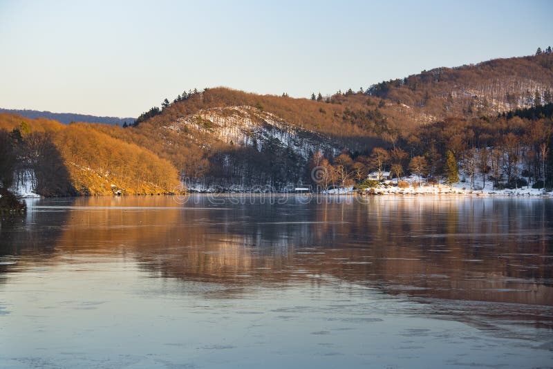 Frozen Lake Rursee Reflections, Germany Stock Image - Image of national ...
