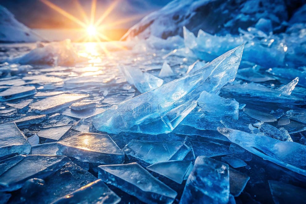 Frozen Lake Shards at Sunset Stock Illustration - Illustration of rocks ...