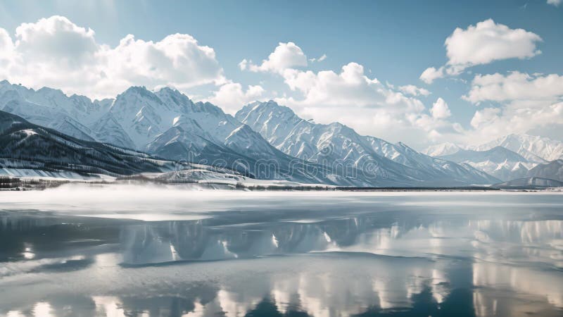 A Frozen Lake with Snow-capped Mountains in the Background, Frozen Lake ...