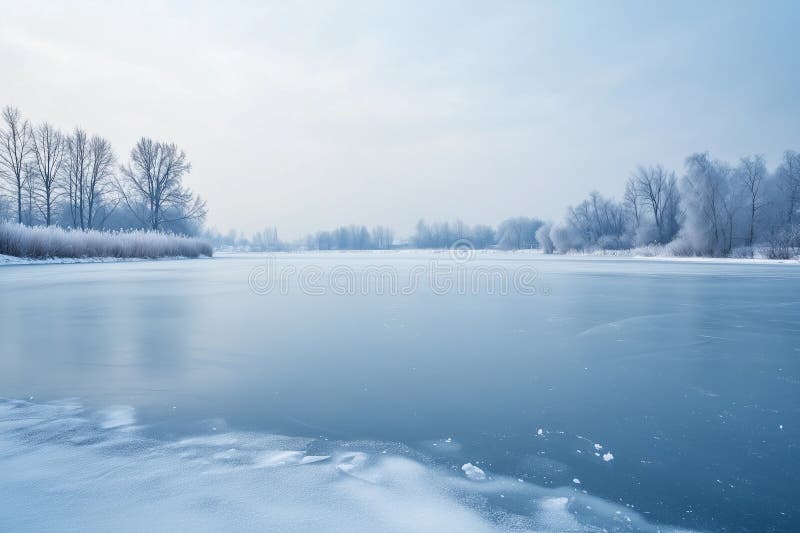 Frozen Lake with Snow and Trees Stock Photo - Image of activities ...