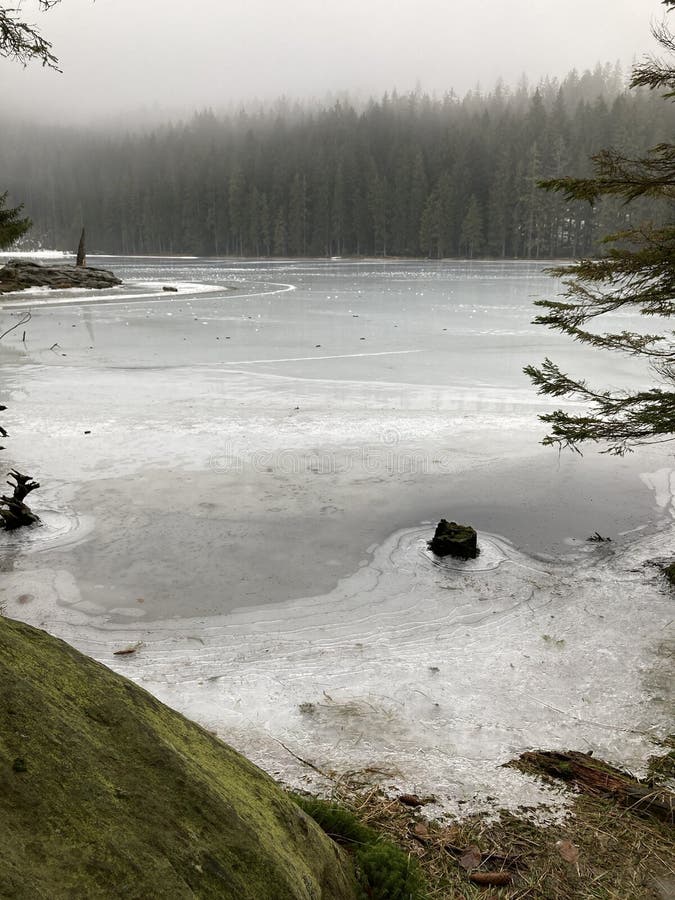 Frozen Lake during Storm with Snow-covered Ground Stock Photo - Image ...