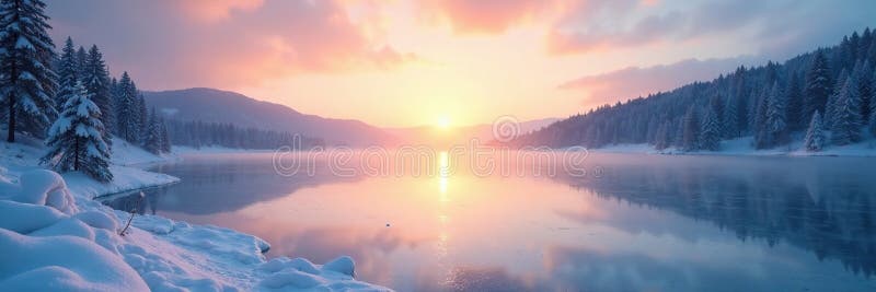 A Frozen Lake Stretches Out Under the Pale Light of Dawn, Cold, Frost ...