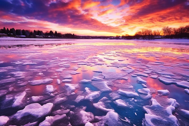 Frozen lake at sunset. stock illustration. Illustration of water ...