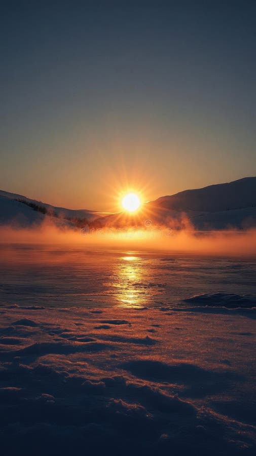 Frozen Lake Sunset with a Glowing Sky and Reflected Light Stock ...