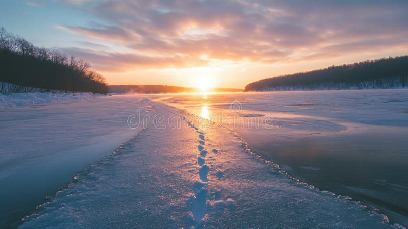 Frozen Lake at Sunset stock image. Image of generated - 362093495