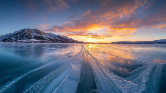 Frozen Lake at Sunset with Mountain Range in the Distance Stock ...