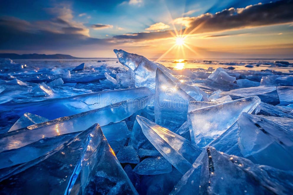 Frozen Lake Sunset Shards of Ice Stock Illustration - Illustration of ...