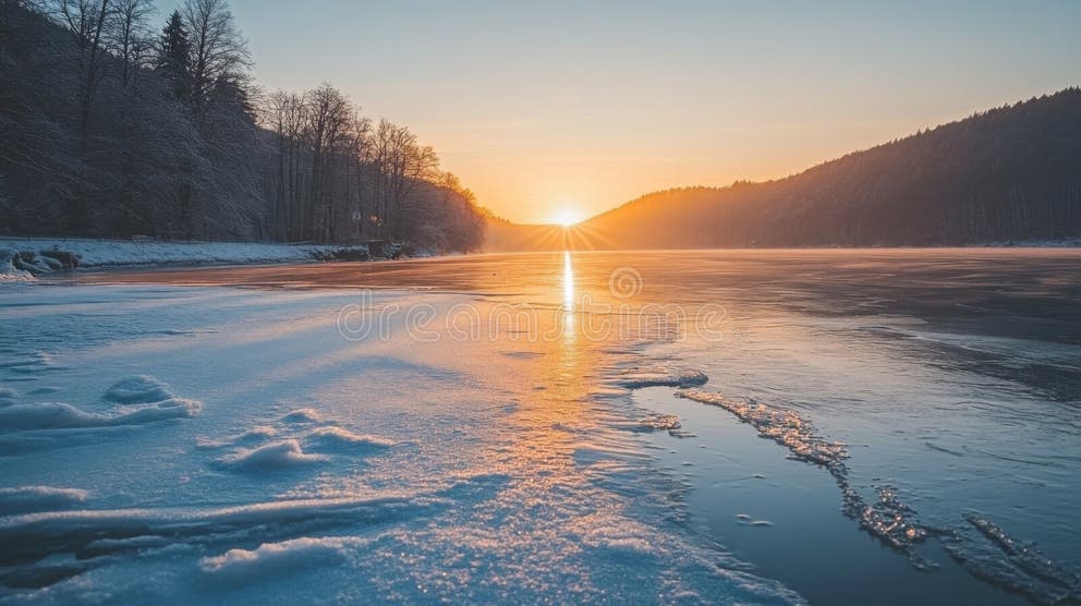 Frozen Lake at Sunset with Silhouetted Trees Stock Illustration ...