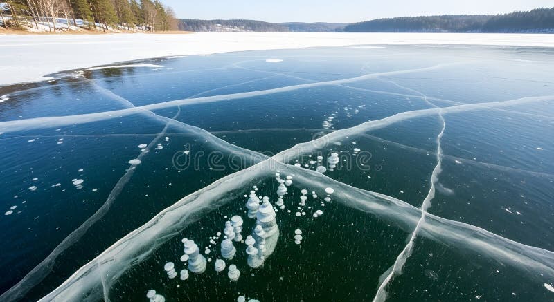 Frozen Lake Surface with Intricate Ice Patterns and Bubbles Stock ...