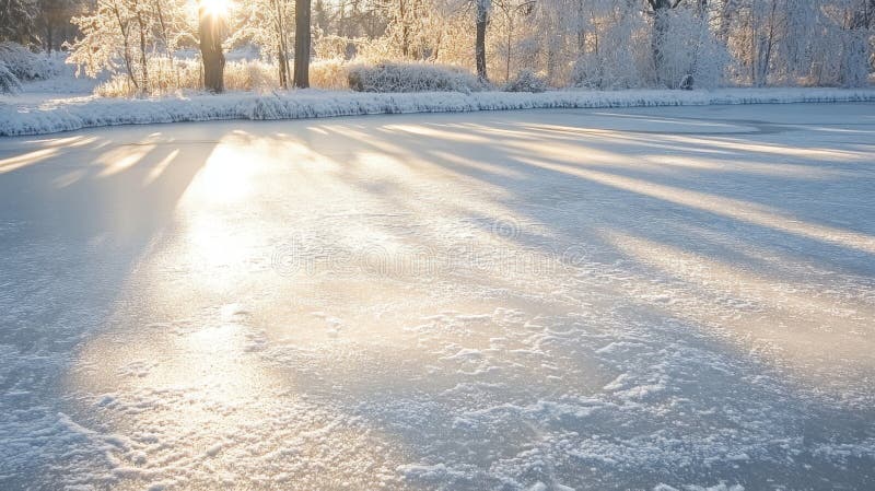 Frozen Lake with Tree Shadows and Sunlight Stock Illustration ...
