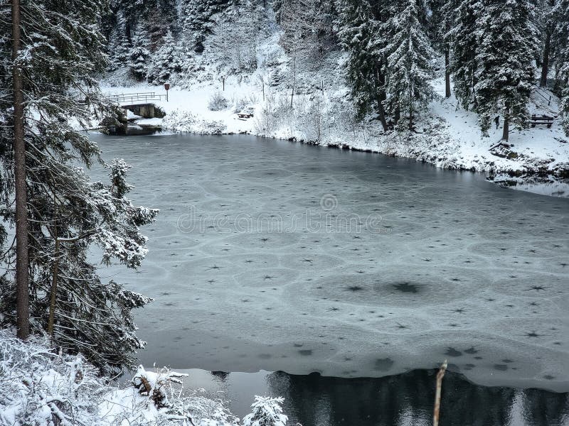 Frozen Lake Up in the Mountains, Cluttered with Small Holes Stock Image ...