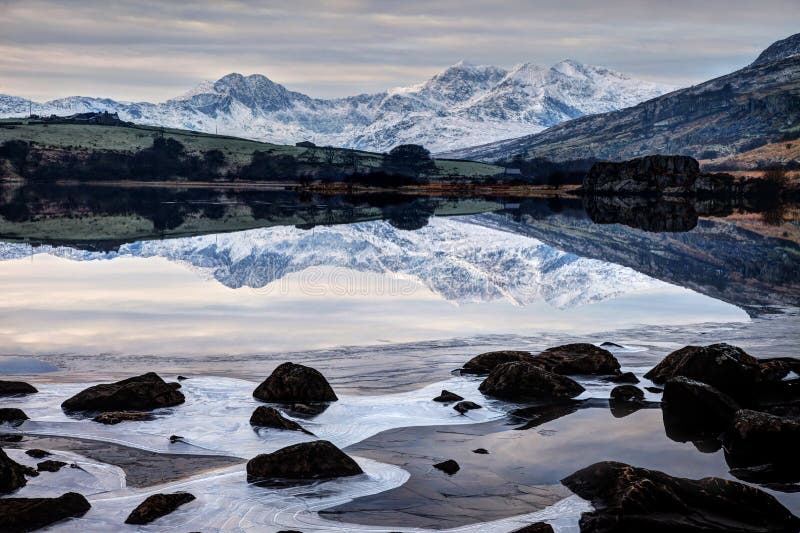Frozen Lake - and View To Snowdon Stock Image - Image of north, frozen ...