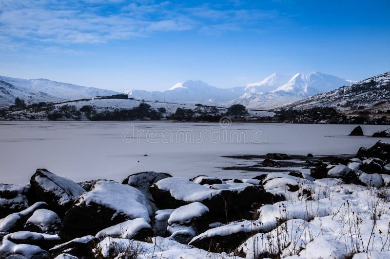 Frozen Lake - and View To Snowdon Stock Photo - Image of wales ...