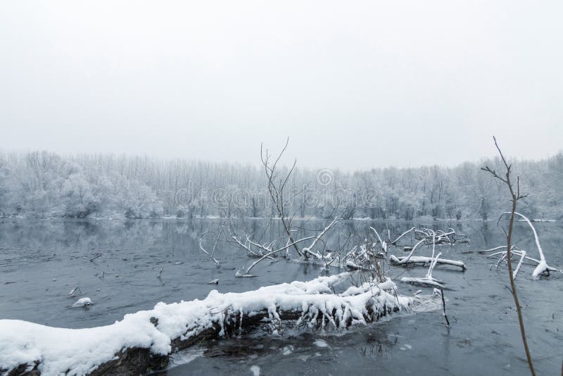 Frozen Lake in Winter, Winter Lake Scene Reflecting in the Water Stock ...
