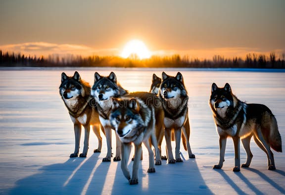 Frozen Lake Wolves Under Celestial Light Stock Illustration ...