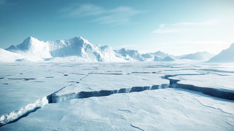 Frozen Landscape with Cracked Ice and Snowy Mountains Stock ...