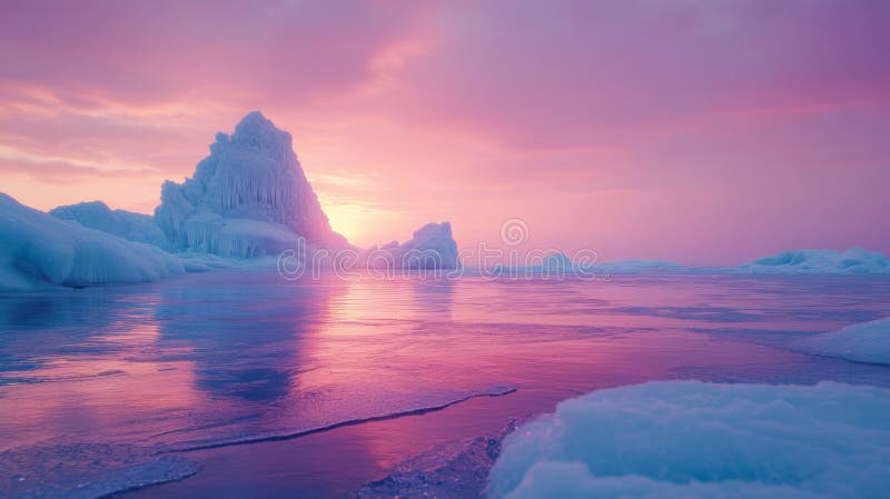 Frozen Landscape with Pink Sunset and Ice Formations Stock Illustration ...