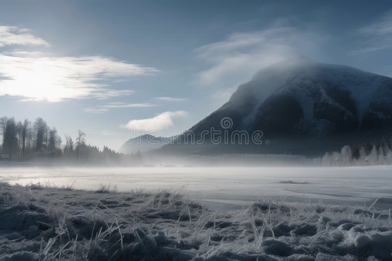 Frozen Landscape, with View of Serene Mountain Range in the Background ...