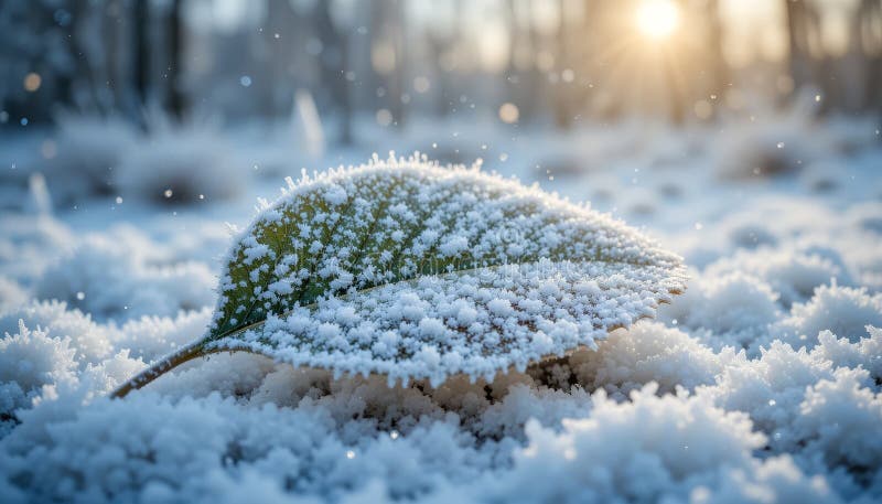 Frozen Leaf Covered in Ice Crystals on a Snowy Surface Stock Image ...