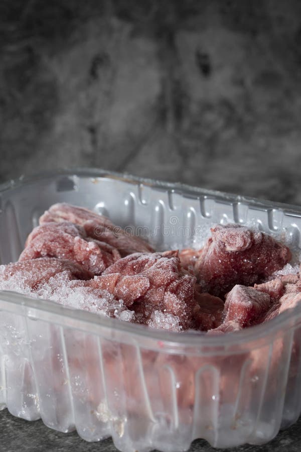 Frozen Lean Beef Steak Cubes in Clear Plastic Tray Packaging. Stock ...