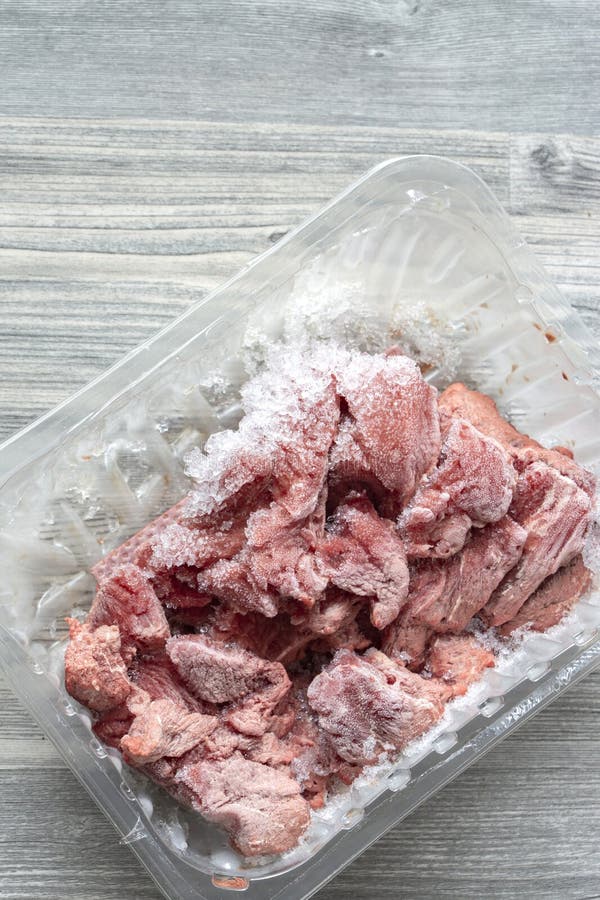 Frozen Lean Beef Steak Cubes in Clear Plastic Tray Packaging. Stock ...