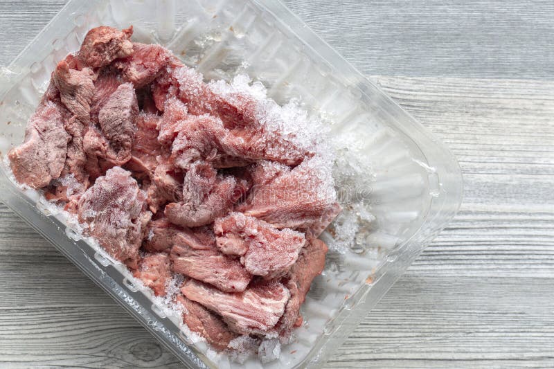 Frozen Lean Beef Steak Cubes in Clear Plastic Tray Packaging. Stock ...