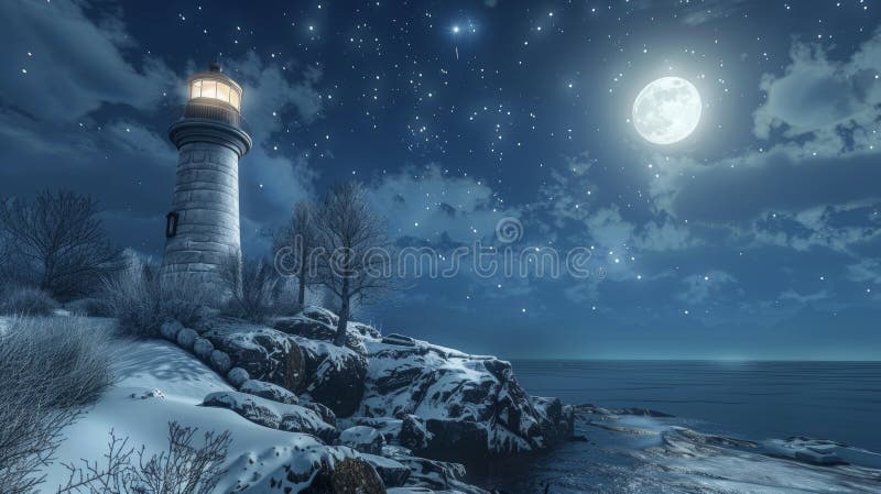 The Frozen Lighthouse Glows in the Moonlight Casting a Serene and ...