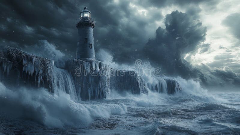 Frozen Lighthouse Stands Against Powerful Storm Waves Stock Illustration - Illustration of ...