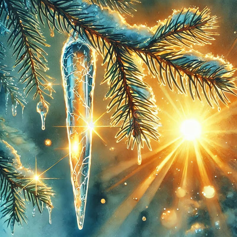 Frozen Magic: Icicles on Pine Needles Stock Illustration - Illustration ...