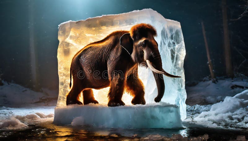 Frozen mammoth in ice cube stock illustration. Illustration of mammal ...