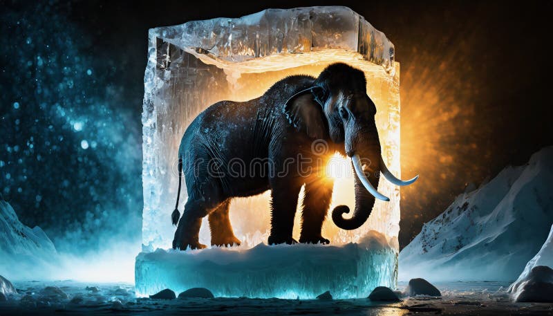Frozen mammoth in ice cube stock illustration. Illustration of poster ...