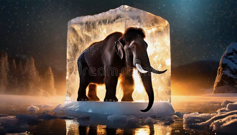 Frozen mammoth in ice cube stock illustration. Illustration of night ...
