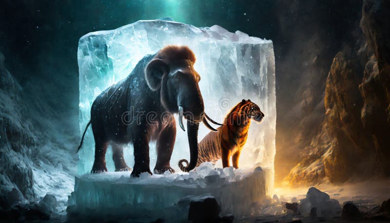 Frozen mammoth in ice cube stock illustration. Illustration of poster ...