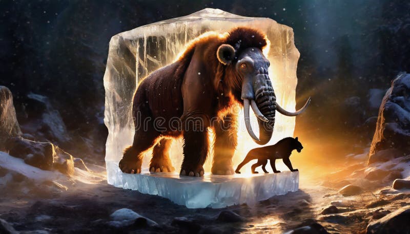 Frozen mammoth in ice cube stock illustration. Illustration of ...