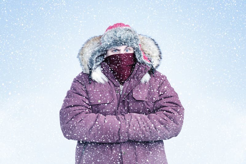 Frozen Man in Winter Clothes Warming Hands, Cold, Snow, Blizzard Stock ...