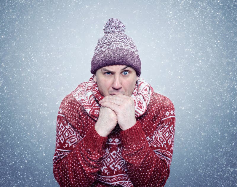 Frozen Man in Red Sweater, Scarf and Hat Warming Hands, Isolated on ...