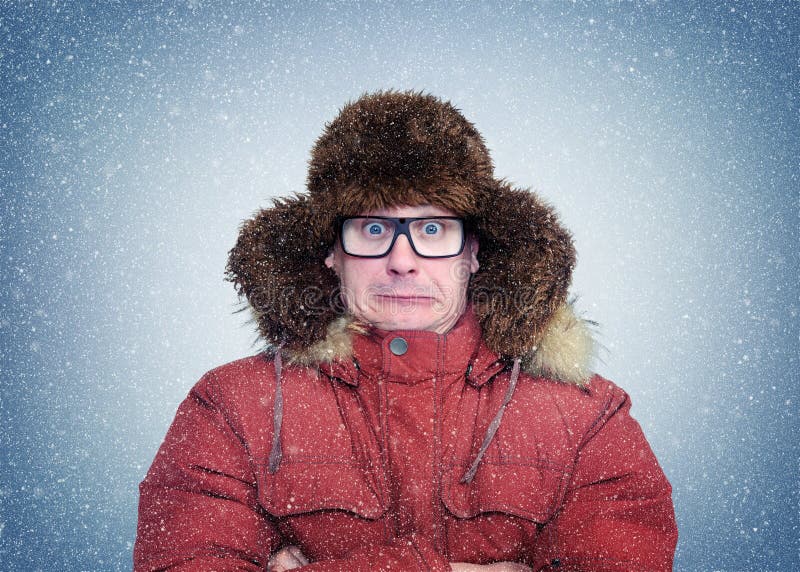 Frozen Man in Winter Clothes and Glasses, Cold, Snow, Blizzard Stock ...