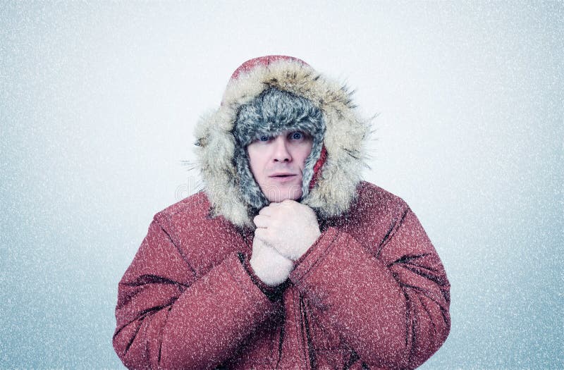 Frozen Man in Winter Clothes Warming Hands, Cold, Snow, Blizzard Stock ...