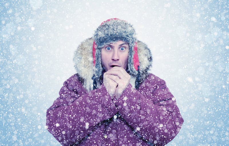 Frozen Man in Winter Clothes Warming Hands, Cold, Snow, Blizzard Stock ...