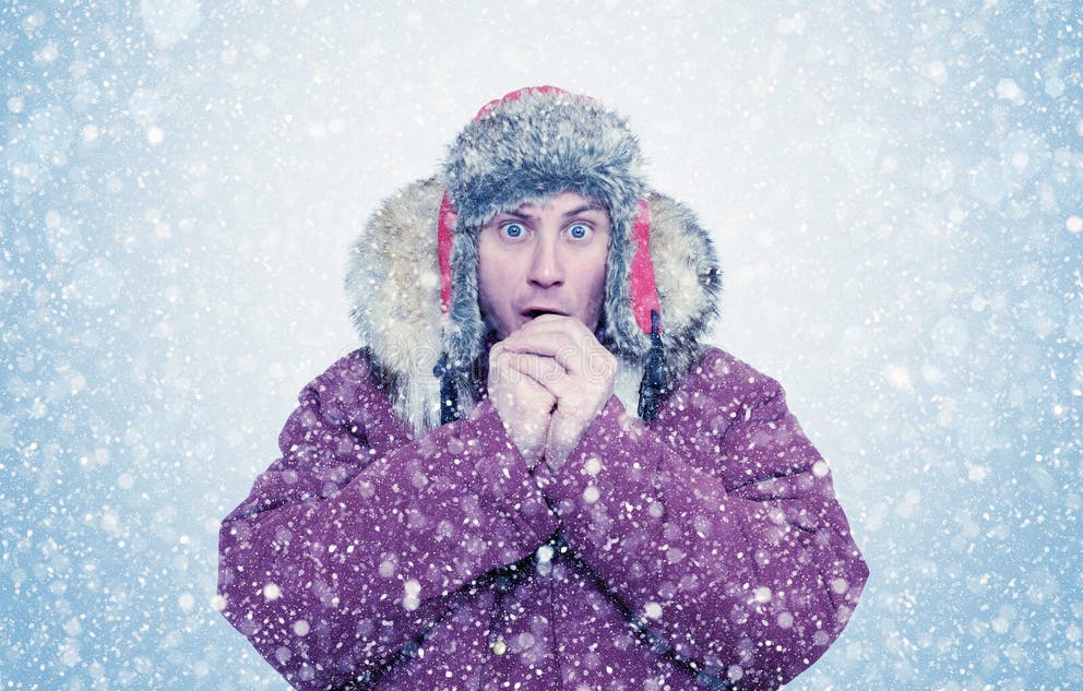 Frozen Man in Winter Clothes Warming Hands, Cold, Snow, Blizzard Stock ...