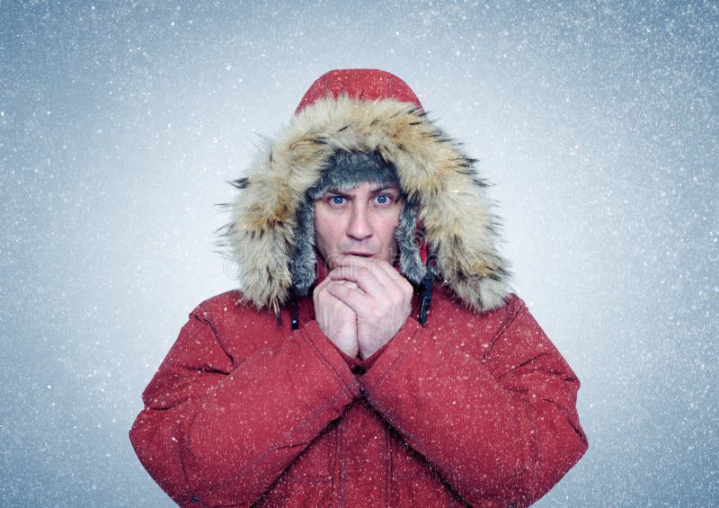 Frozen Man in Winter Clothes Warming Hands, Cold, Snow, Blizzard Stock ...