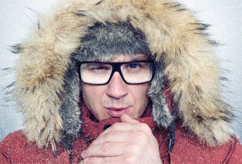 Frozen Man in Winter Clothes Warming Hands, Cold, Snow, Blizzard Stock ...