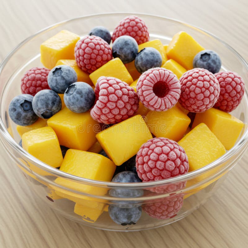 Frozen Mango, Raspberry and Blueberry Mix in Glass Bowl Stock ...