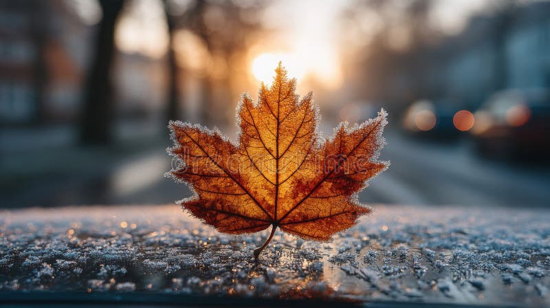Frozen Maple Leaf at Sunrise in Urban Setting Stock Image - Image of ...