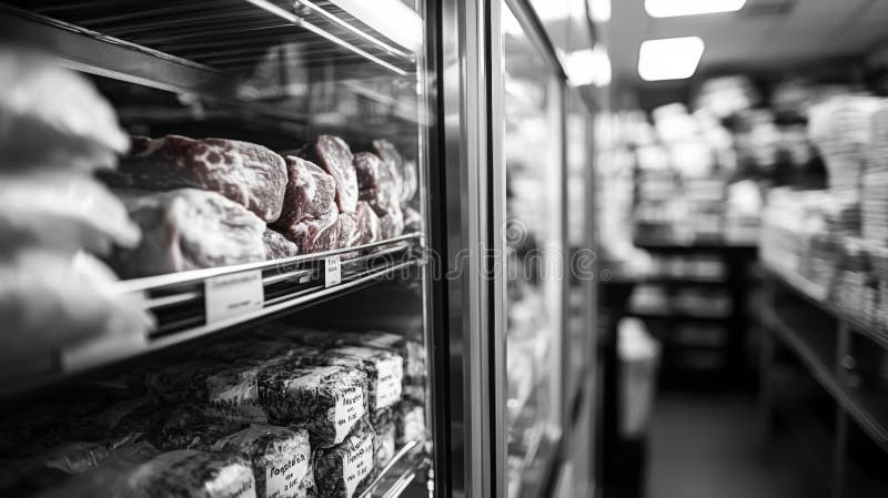 Frozen Meat Packages in a Retail Freezer Display Stock Illustration ...