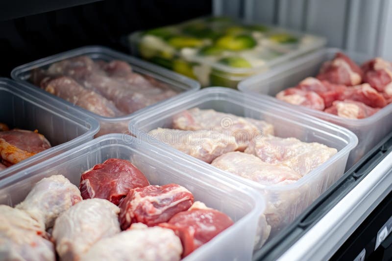 Frozen Meat Products of Different Kinds are Stored on the Shelves in ...