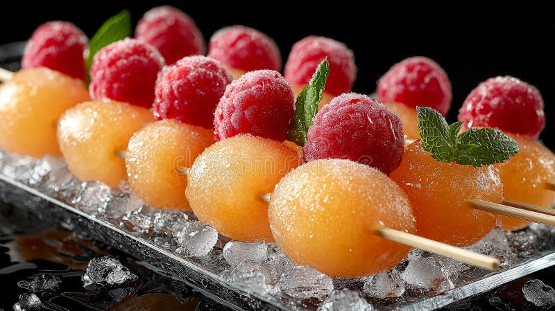 Frozen Melon & Raspberry Skewers on Ice Stock Photo - Image of ...