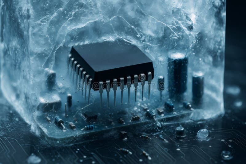 Frozen Microchip and Circuit Board Emerging from Melting Ice Cube Stock ...