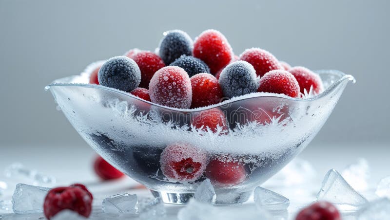 Frozen Mixed Berries in a Glass Bowl with Ice Crystals Stock Image ...