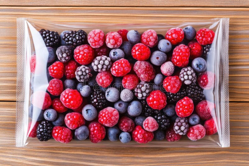 Frozen Mixed Berries in Resealable Plastic Bag on Rustic Wooden Table ...